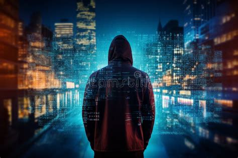 Double Exposure Image Of Anonymous Hacker In A Hoodie In The Night In