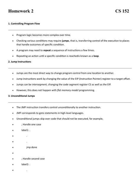 Assembly Language Jumps Homework 2 Cs 152