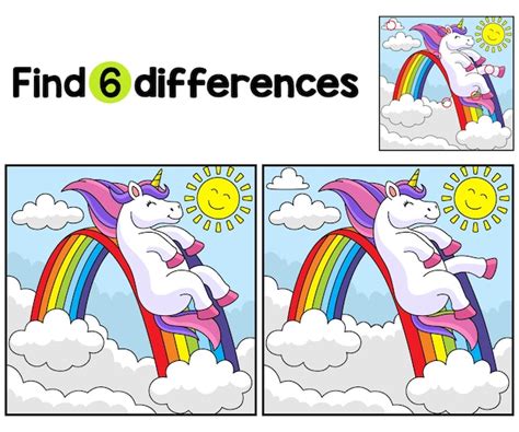 무지개 위에서 미끄러지는 유니콘 차이점 찾기 프리미엄 벡터