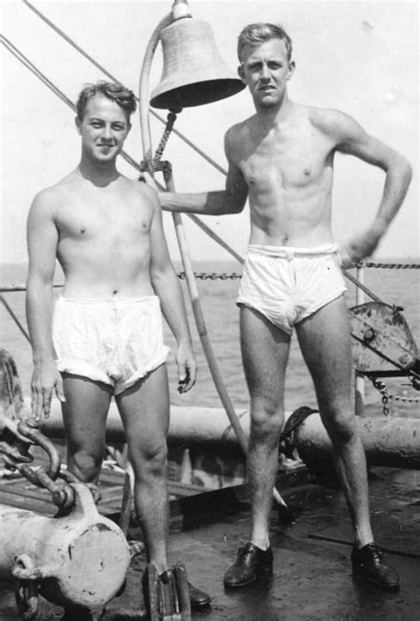 Navy Sailors Men Male Ship Bell Shirtless Swimsuit Physique 40s