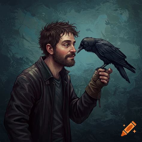Stylized Illustration Of A Man Holding A Black Crow By Its Beak In His