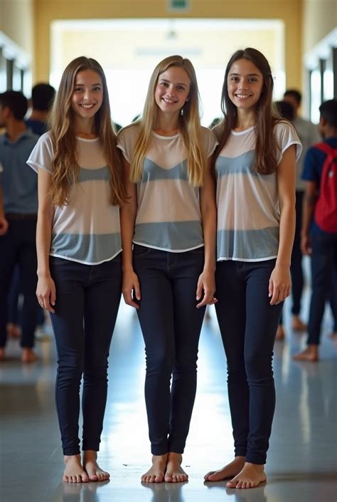 Realistic Photo Three Barefoot 14 Yo Schoolgirls Wearing Long Pants
