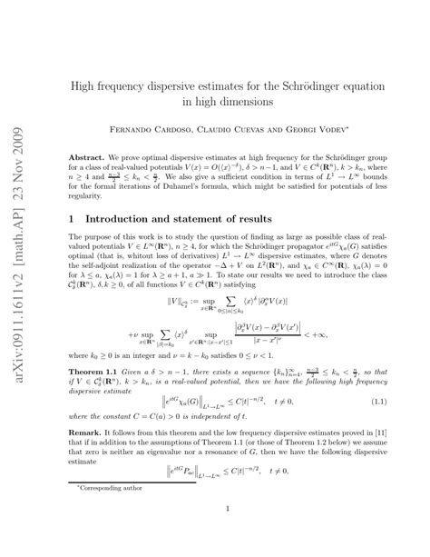 Pdf High Frequency Dispersive Estimates For The Schrodinger Equation In High Dimensions
