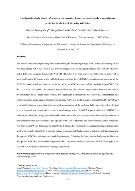 Pdf A Designed Two Body Hinged Raft Wave Energy Converter From
