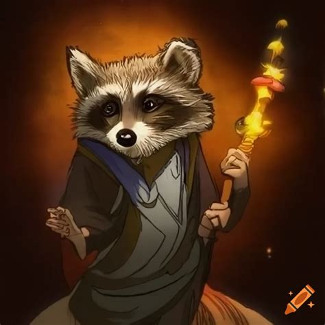 Anime Cel Style Artwork Of A Raccoon Wizard Casting A Spell