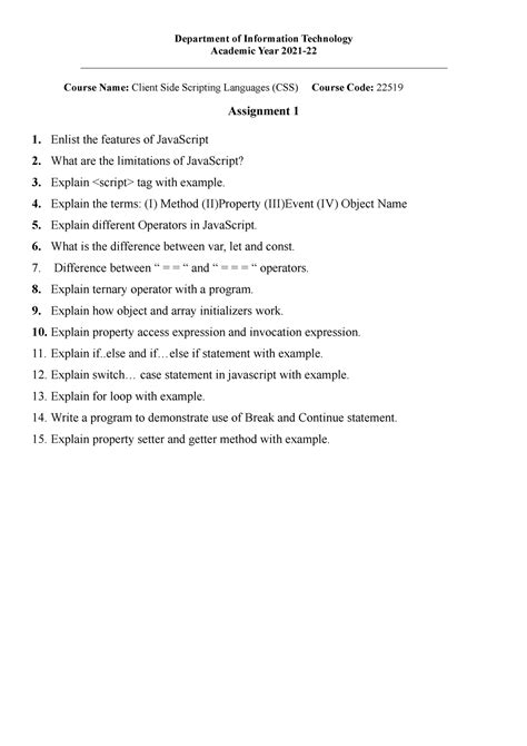 Css Assignment 1 Basics Of Java Script Department Of Information