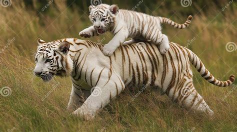 White Tiger Cub Playing On The Back Of Adult Tiger In Nature Stock