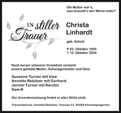 Traueranzeigen Von Christa Linhardt Nordbayerischer Kurier
