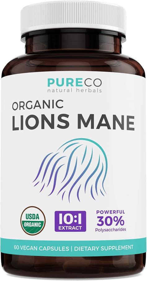 Pure Co Organic Lions Mane Supplement Capsules Usda