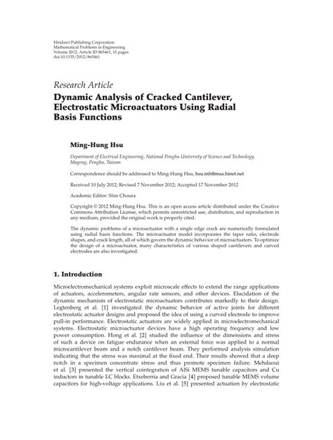 Pdf Dynamic Analysis Of Cracked Cantilever Electrostatic Microactuators Using Radial Basis