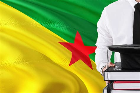 성공적인 학생 교육 개념입니다 프랑스 령 기아나 국기 배경에 책과 졸업 모자를 들고 교사 교육 관련 직업에 대한 스톡 사진 및 기타 이미지 교사 교육 관련 직업 교육