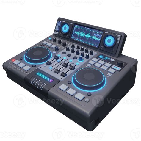 A Gray Dj Mixer Controller With Glowing Blue Accents Features Turntables Sliders Knobs