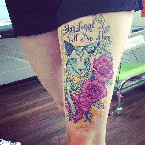 Lying Cat Saga Thigh Piece By Claire Hughes Hughes Tattoos In Sawbo