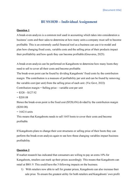 Individual Assignment Short Release Buss1030 Individual Assignment Question 1 A Break Even