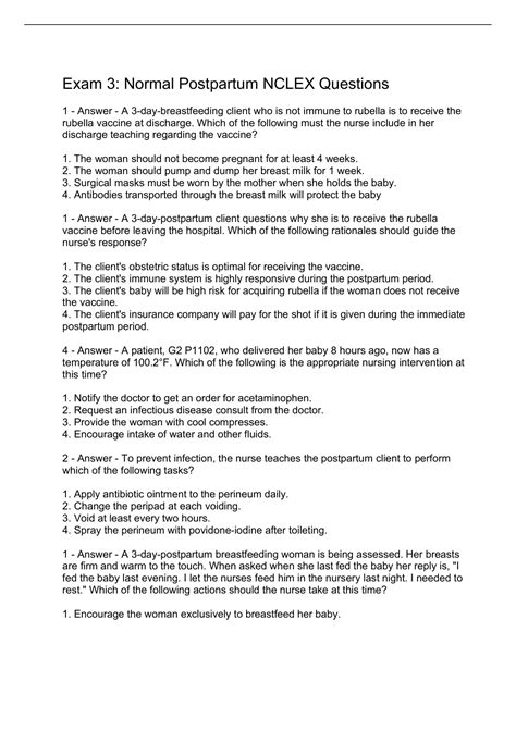 Exam 3 Normal Postpartum Nclex Questions And Answers 20222023 Normal Postpartum Nclex