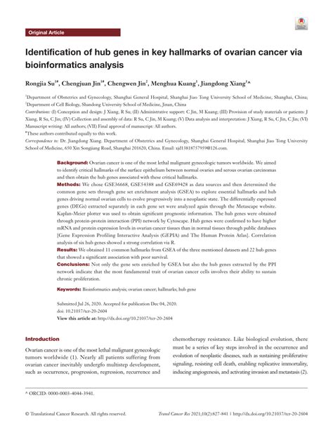 Pdf Identification Of Hub Genes In Key Hallmarks Of Ovarian Cancer