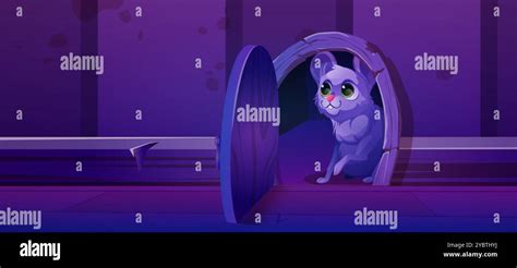 Cute Little Furry Mouse Carefully Looking Out Of Tiny House In Baseboard Hole Of Building With