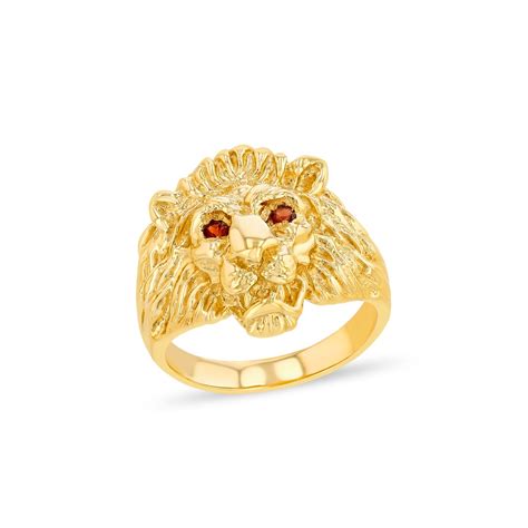 14k Solid Gold Mens Lion Head Ring With Garnet Stone Eyes Etsy