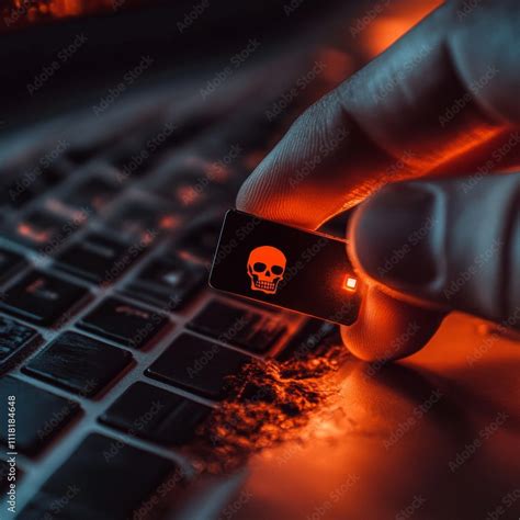 A Hacker Armed With A Usb Containing A Skull Symbol Is Ready To Penetrate A Computer System
