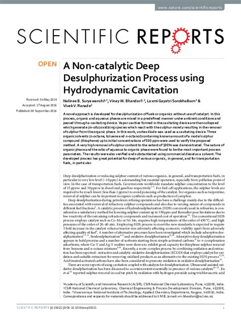 Pdf A Non Catalytic Deep Desulphurization Process Using Hydrodynamic