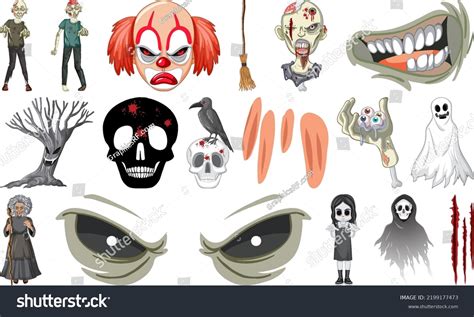 Set Horror Halloween Objects Cartoon Characters Stock Vector Royalty