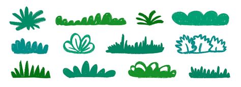 Hand Drawn Bushes And Grass Collection Green Crayon Shrubbery And