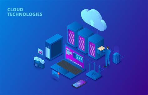 Premium Vector Dark Isometric Cloud Storage Technology Concept With Servers Laptop And Man