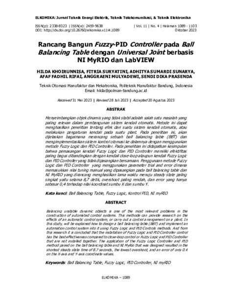 Pdf Rancang Bangun Fuzzy Pid Controller Pada Ball Balancing Table