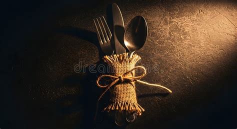 Rustic Elegance Fork Knife And Spoon Tied With Twine On Dark Background Stock Illustration