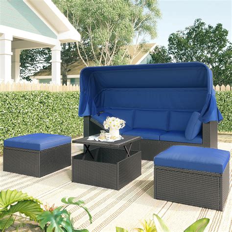 Sesslife Outdoor Daybed With Retractable Canopy Rattan Patio Set Blue