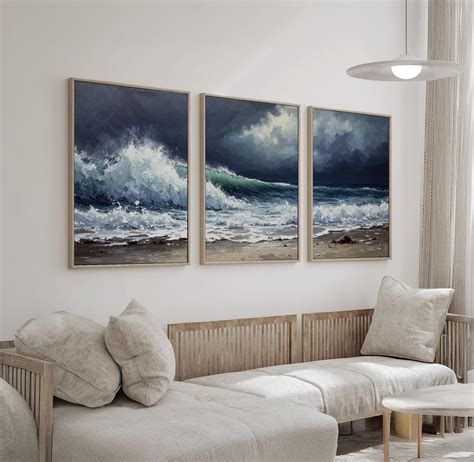 Ocean Wave Wall Art Set Of 3 Coastal Triptych Canvas Prints With