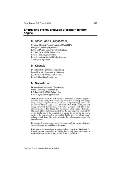 Pdf Energy And Exergy Analyses Of A Spark Ignition Engine