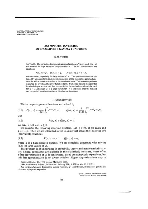 Pdf Asymptotic Inversion Of Incomplete Gamma Functions