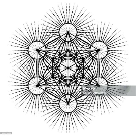 메타트론의 큐브 생명의 꽃 신성한 기하학 통하고 있는 빛나는 태양 그래픽 요소 벡터 고립된 일러스트 레이 션 신비한 아이콘 플라토닉 솔리드 추상적인 기하학적 그림 전형적인