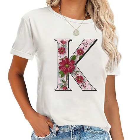 Womens Floral K Alphabet Cute Initial Monogram Letter K Graphic Short Sleeve T Shirts White S