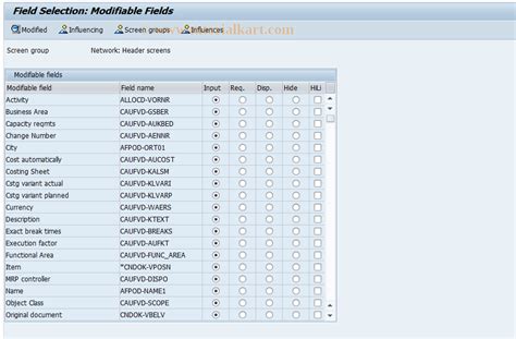 OPUA SAP Tcode Field Selection Network Header