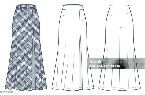 스커트 테크니컬 패션 일러스트레이션 격자 무늬 패턴 맥시 스커트 패션 플랫 기술 도면 템플릿 전면 슬릿 측면 지퍼 전면 후면보기