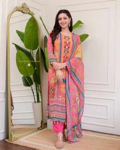 Pink Handwork Patchprint Festive Chinnon Suit Gayathri Agro Foods