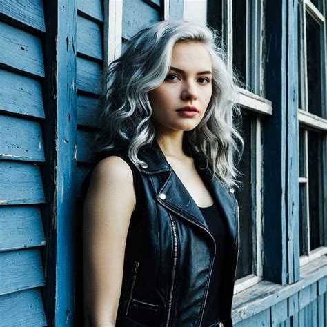 Confident Woman With Silver Hair In Leather Vest