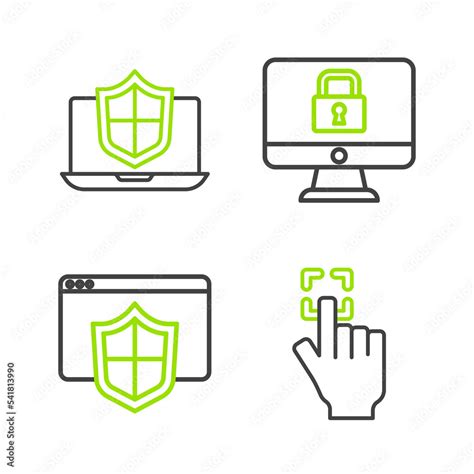 Set Line Fingerprint Browser With Shield Lock On Monitor And Laptop Protected Icon Vector