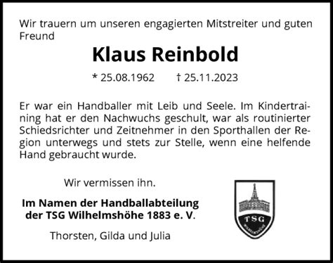 Traueranzeigen Von Klaus Reinbold Trauerhnade