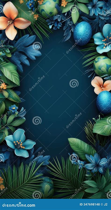 Elegant Floral And Easter Egg Blue Background With Tropical Leaves And