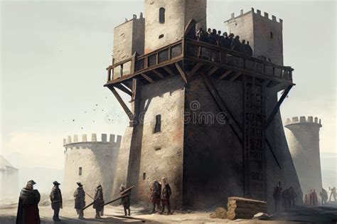 Siege Tower Being Assembled Against A Castle Wall With Soldiers Ready