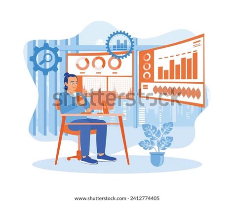 Analyst Uses Dualscreen Computer Analyze Business Stock Vector Royalty