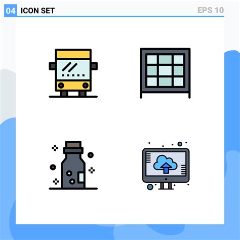 Editable Vector Line Pack Of 4 Simple Filledline Flat Colors Of Bus Poison Bookcase Bottled