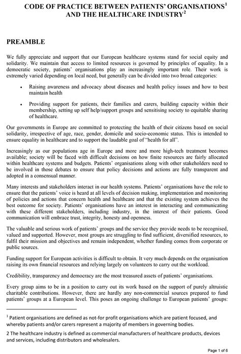 Code Of Practice Between Patient Organisations And The Healthcare Industry Eurordis