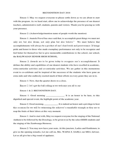 Script For The Recognition Day Pdf Music Performance Lyrics