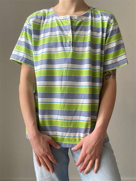 Vintage Blue And Green Striped Short Sleeve Henley Shirt Etsy