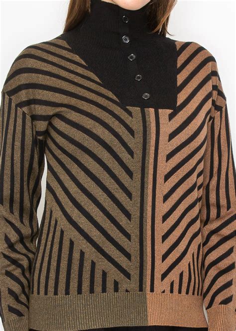 Camel And Black Sweater With Artistic Stripes Modest Women Clothing