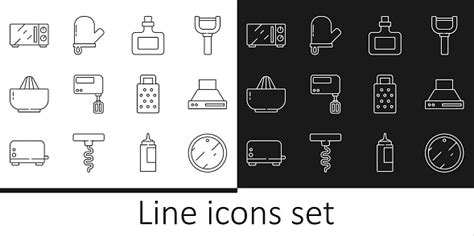 라인 도마 주방 추출기 팬 소스 병 전기 믹서 감귤류 과일 과즙 짜는기구 전자 레인지 강판 및 오븐 장갑 아이콘을 설정합니다 벡터 가정 생활에 대한 스톡 벡터 아트 및 기타